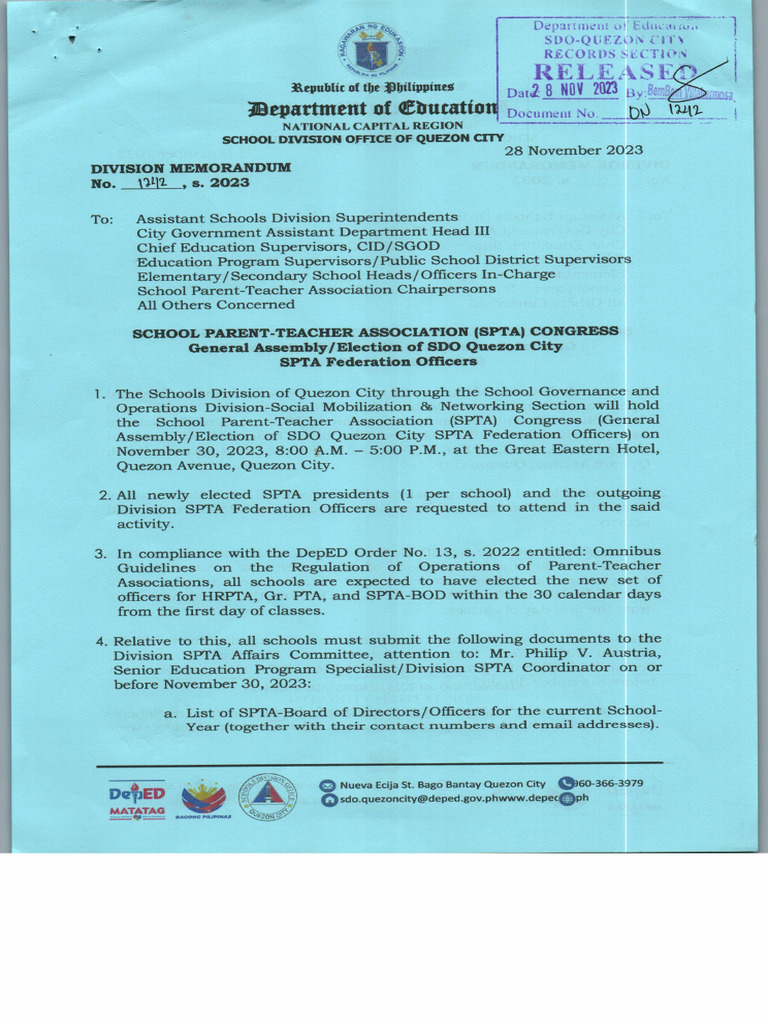 Division Memorandum No. 1242 S. 2023-School Parent-Teacher Association ...