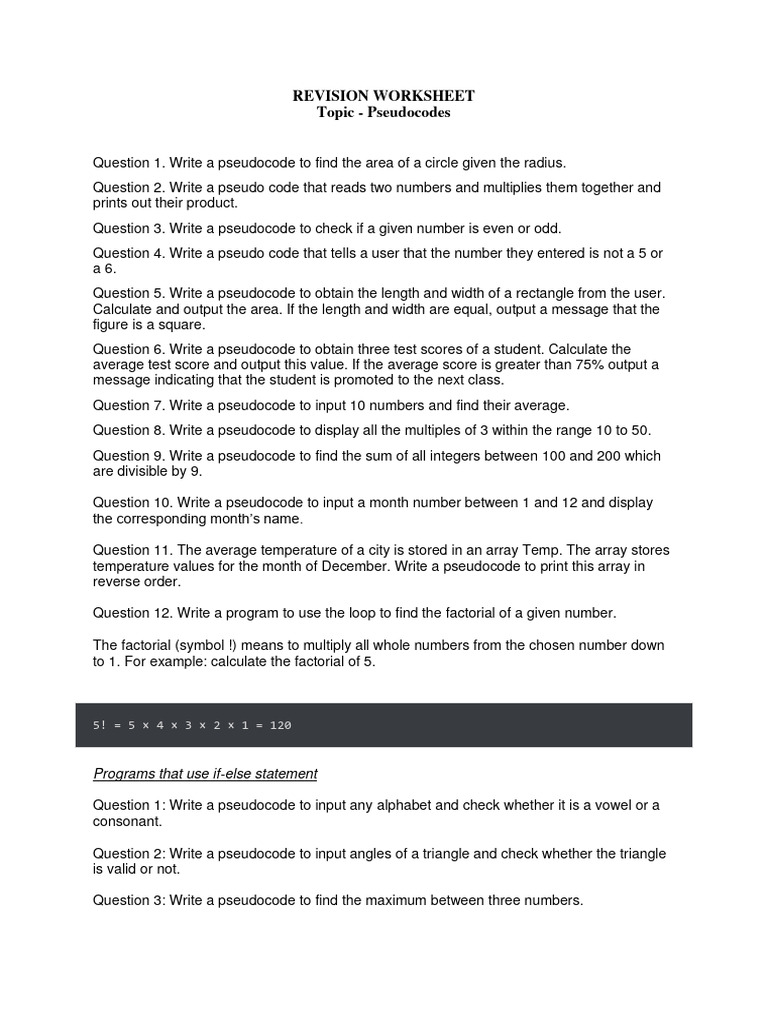 Revision Worksheet Pseudocodes Pdf Numbers Area