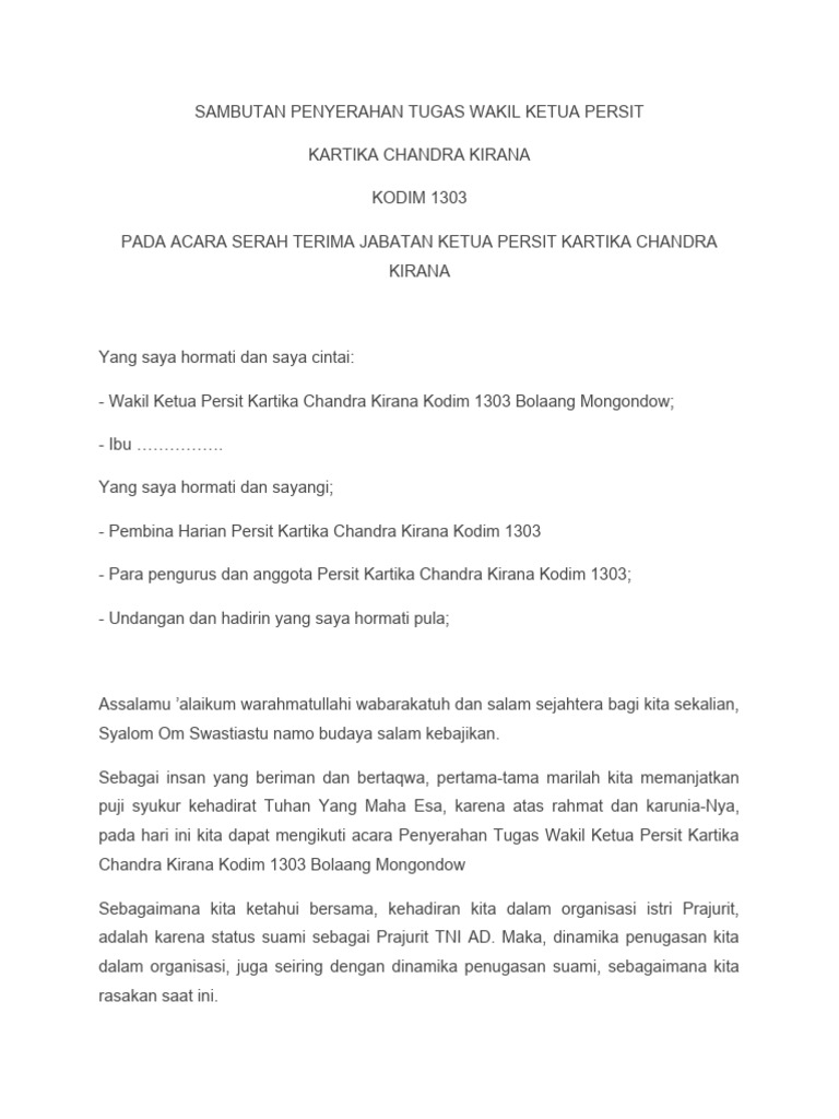 Sambutan Ibu Ketua Persit KCK Cabang XV Pussenarhanud Pada Sertijab Ranting 6 | PDF