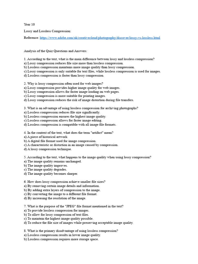 Worksheet-Lossy and Lossless Compression | PDF | Data Compression ...