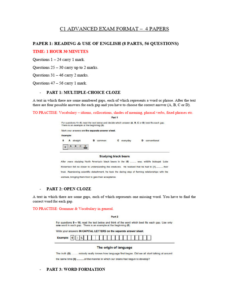 c1 Advanced Exam Format | PDF | Question | Paragraph