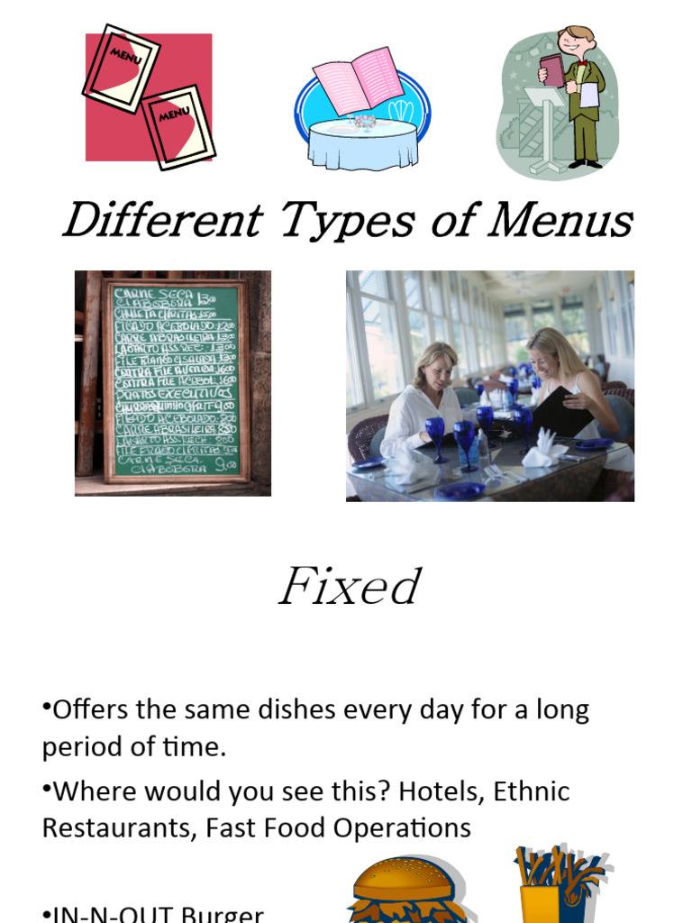 Different Types of Menus | PDF | Menu | Food And Drink Preparation