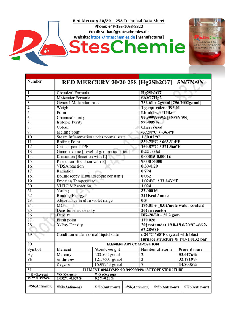 Red Mercury 2020 Technical Data Sheet | PDF | Mole (Unit) | Chemical ...