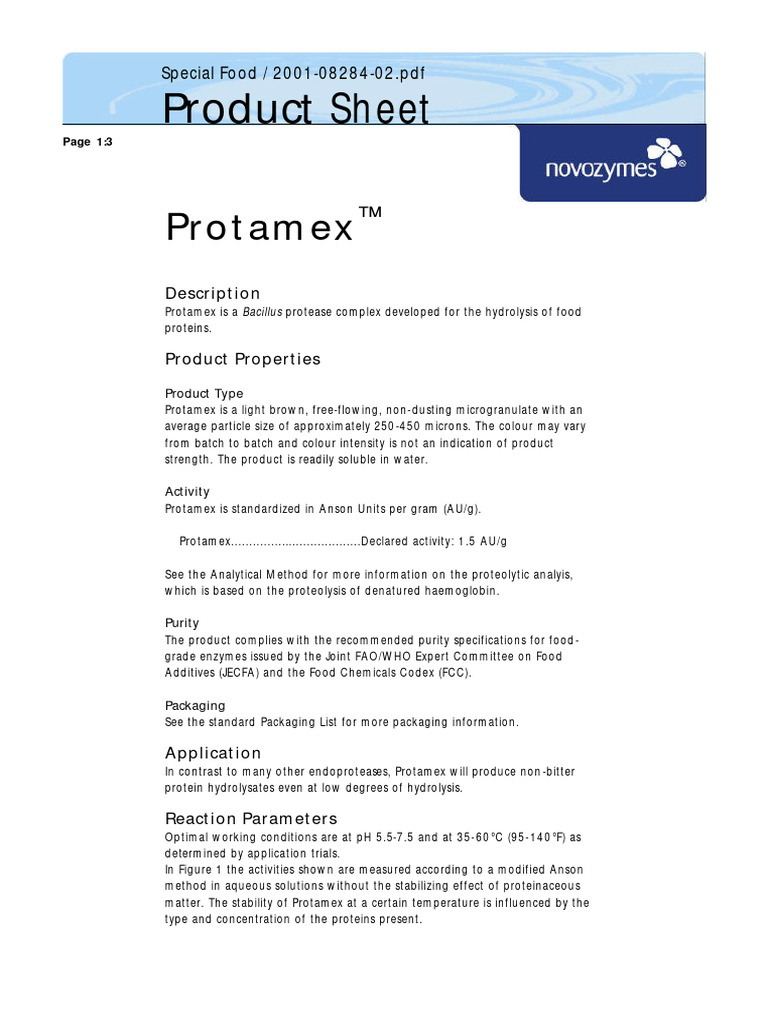 ProdSheet Protamex 2001 08284 | PDF | Enzyme | Proteins