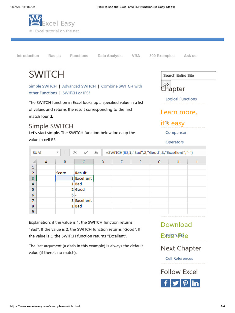 How To Use The Excel SWITCH Function (In Easy Steps) | PDF | Microsoft Excel | Function ...