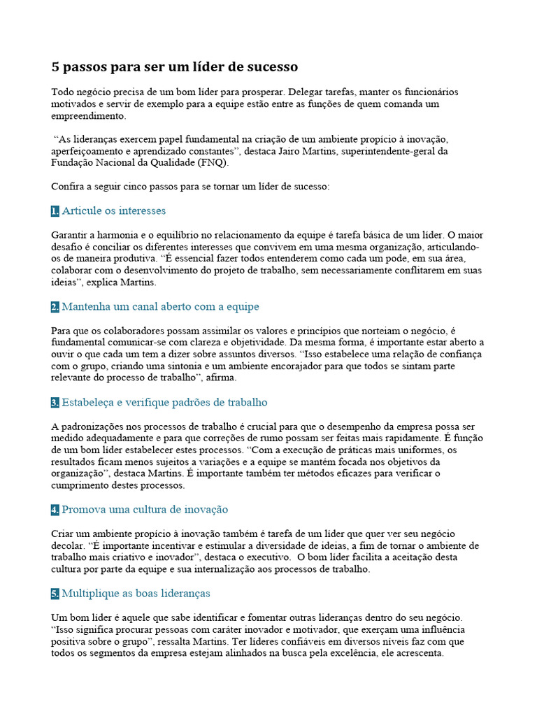 5 Passos Para Ser Um Líder De Sucesso Pdf Liderança Inovação