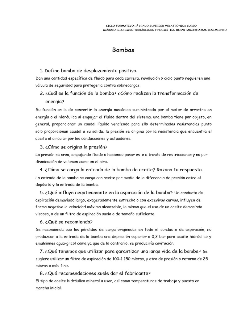 Bombas Hidráulicas: Tipos y Funcionamiento | PDF | Bomba | Presión