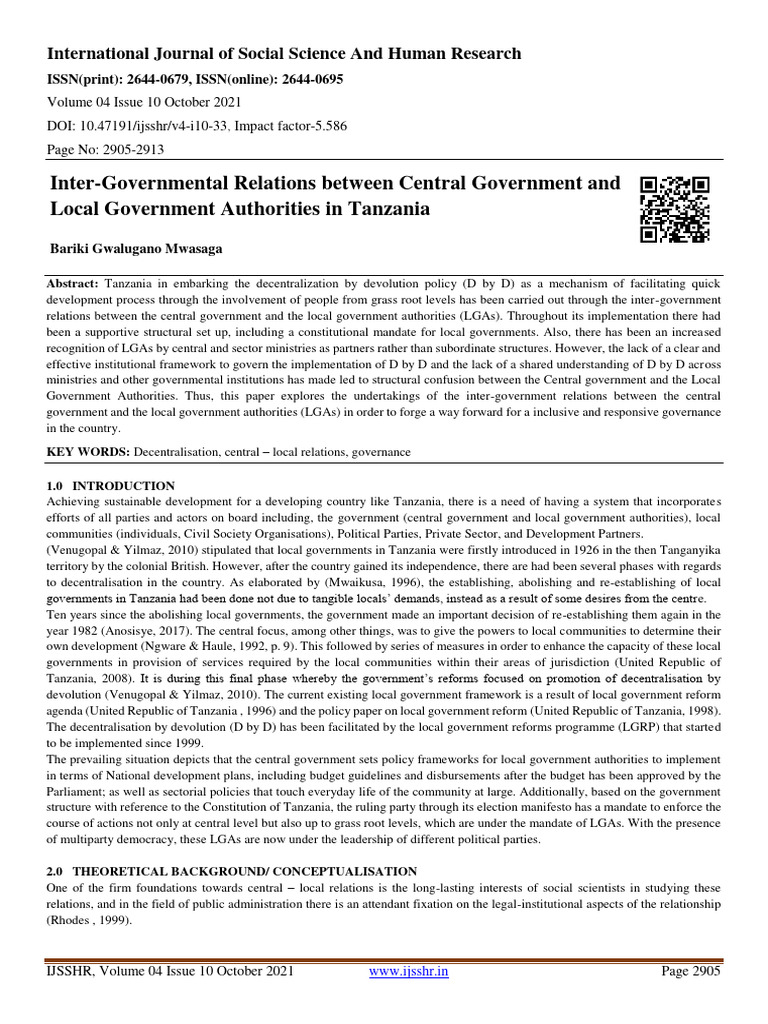 Central-Local Government Relations in Tanzania | PDF | Tanzania ...