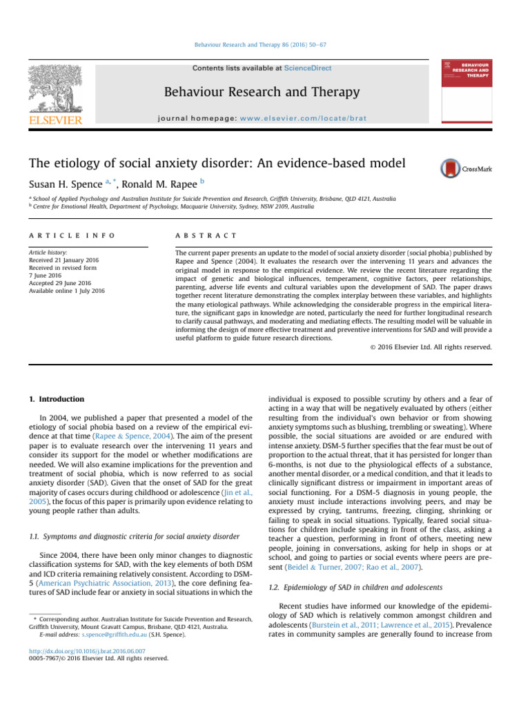 The Etiology of Social Anxiety Disorder - An Evidence-Based Model | PDF | Social Anxiety ...