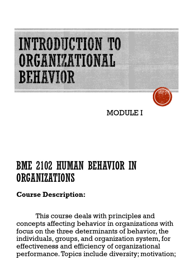 BME 2102 m1ppt r1 | PDF | Organizational Behavior | Job Satisfaction