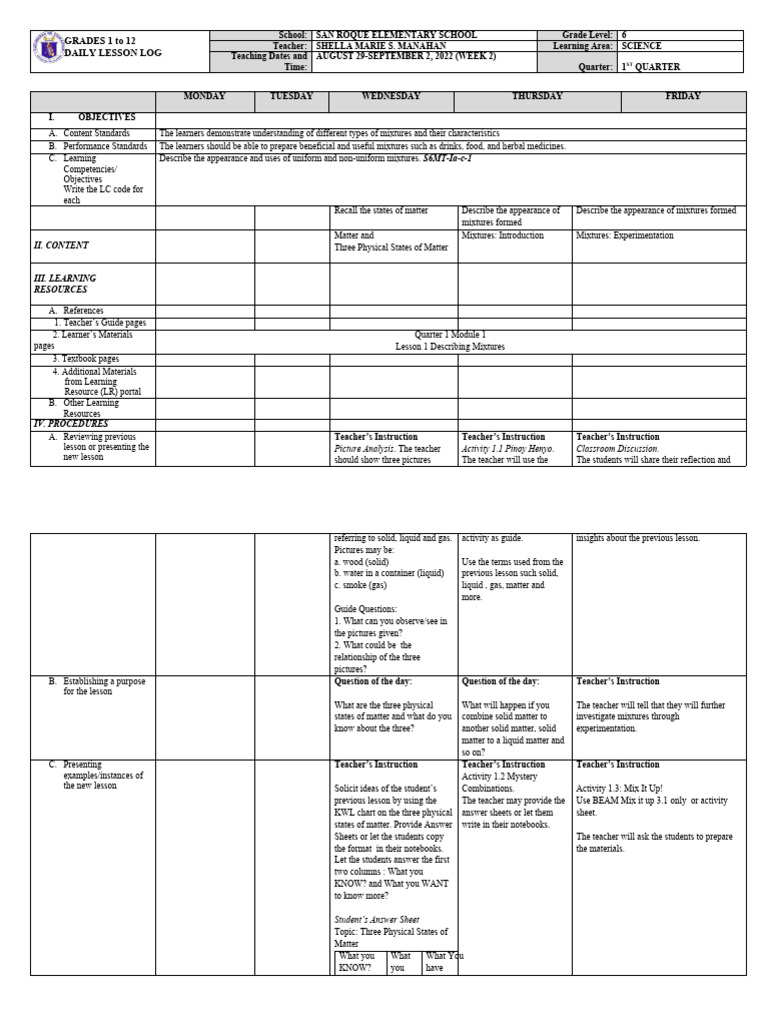 DLL - Science 6 - Q1 - W2 | PDF | Teaching | Cognitive Science