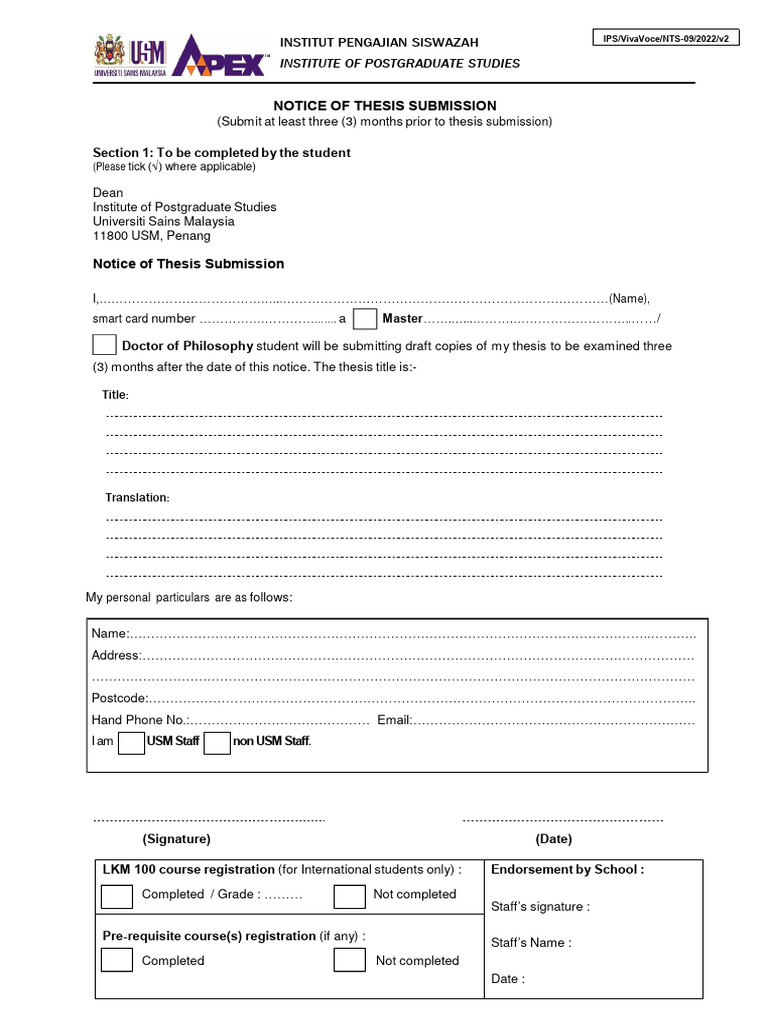Notice of Thesis Submission | PDF | Thesis | Academia