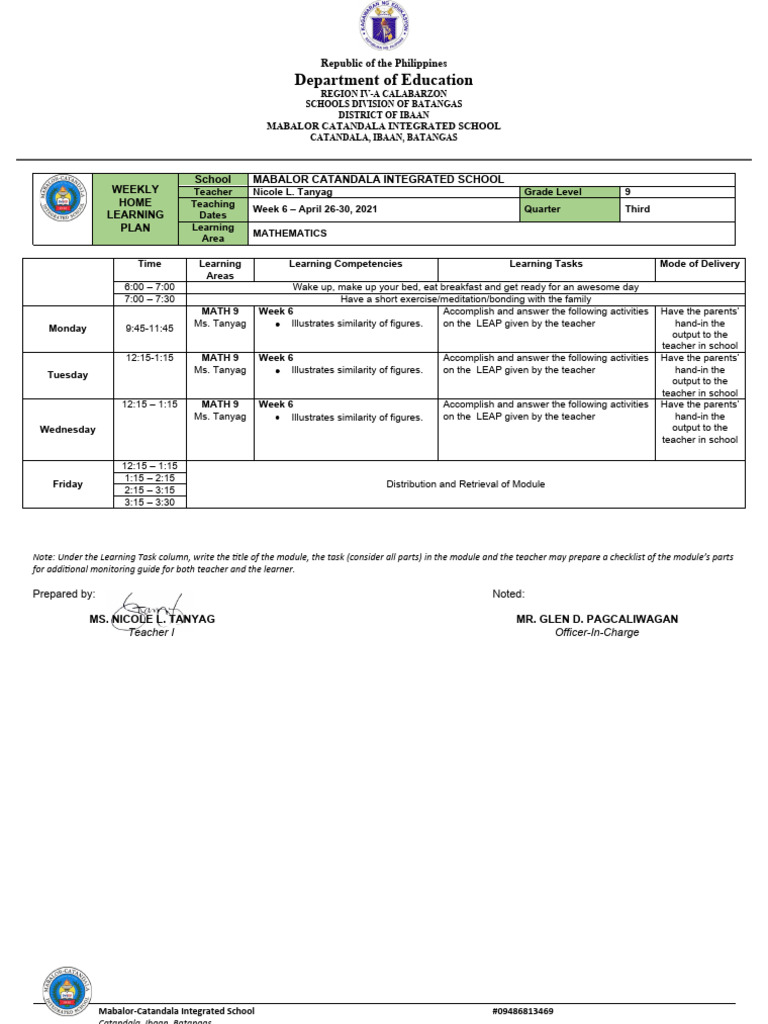 G9 - 6th-Weekly-Home-Learning-Plan | PDF | Learning | Behavior Modification