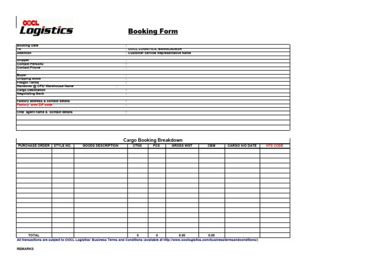 Oocl Logistics Cargo Booking Form | PDF