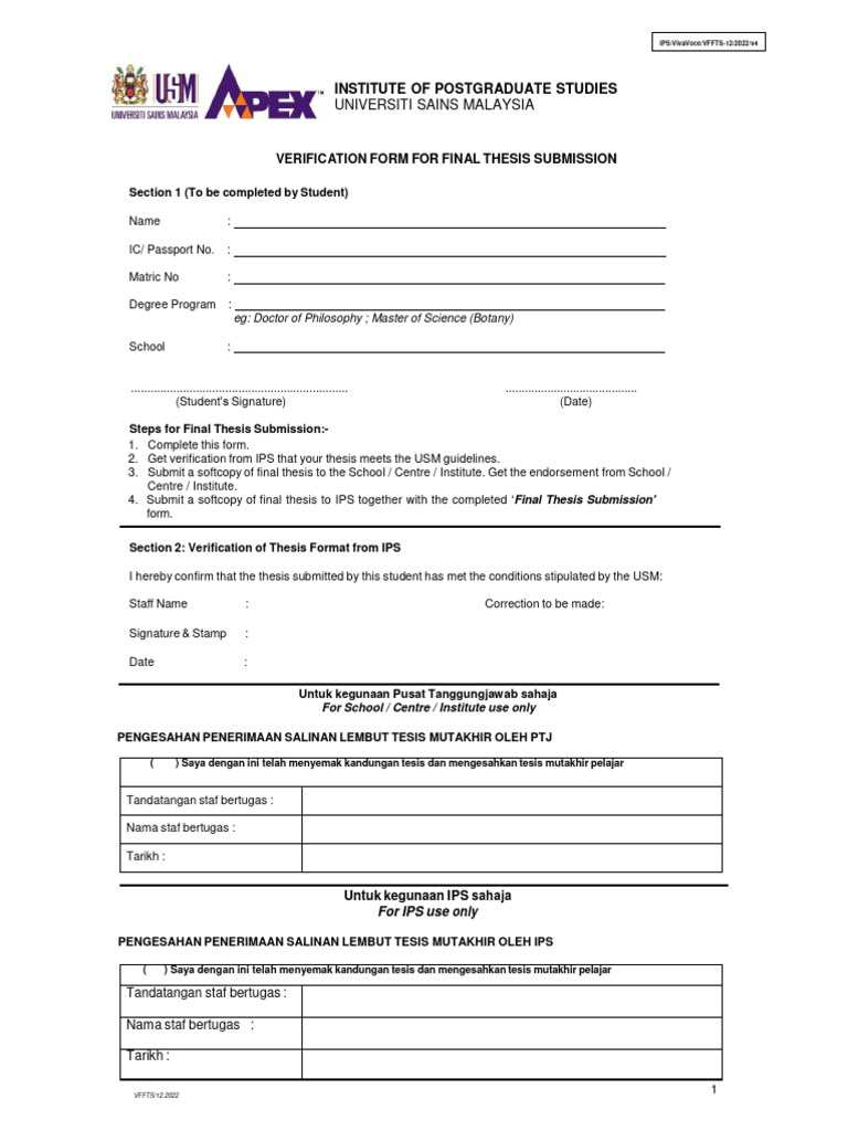 Borang Final Thesis Submission (IPS - VivaVoce - VFFTS-12 - 2022 - v4) | PDF | Thesis ...