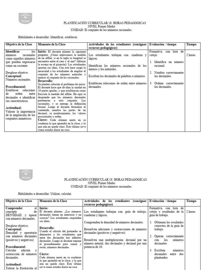 Planificación Primero Medio | PDF | Números | Número racional