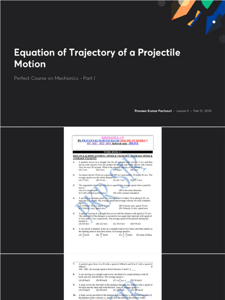 Equation of Trajectory of A Projectile Motion With Anno | PDF