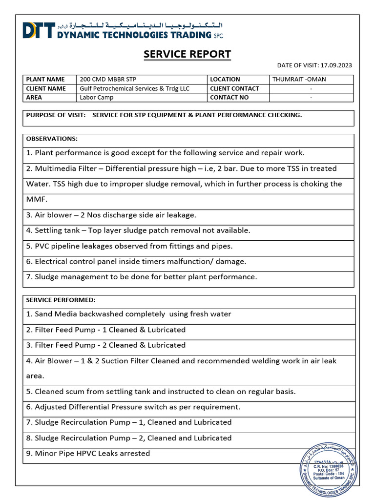STP Equipment Service Report - Thumrait | PDF | Pump | Pipe (Fluid ...