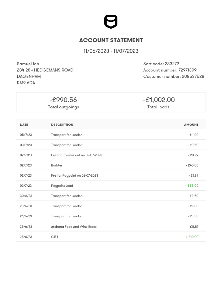 Samuel Ion Account Statement Summary | PDF | Banking Technology | Payments