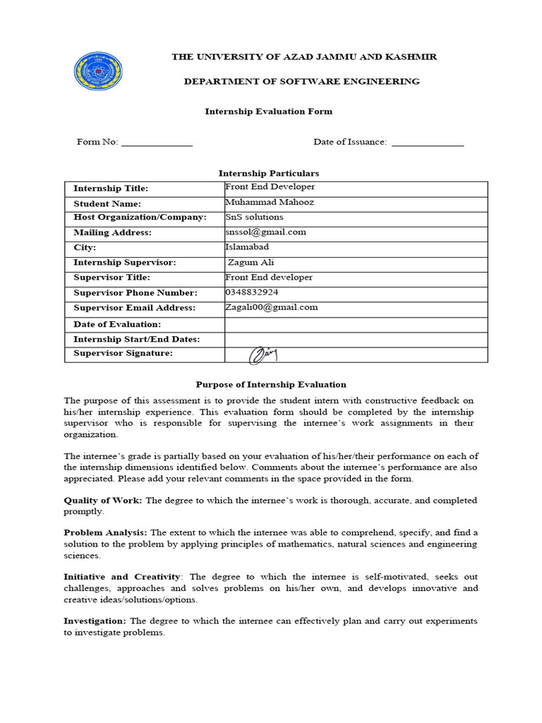 Internship Evaluation Form Zahid | PDF | Engineering | Sustainability