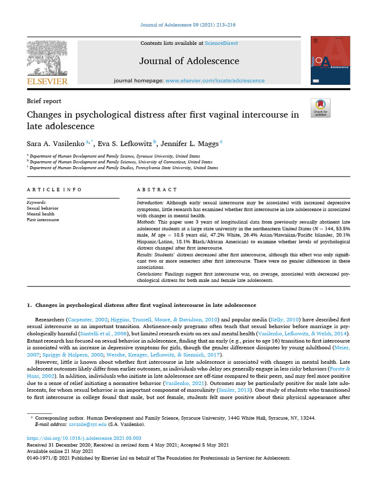 Changes in Psychological Distress After First Vaginal Intercourse in Late Adolescence | PDF ...