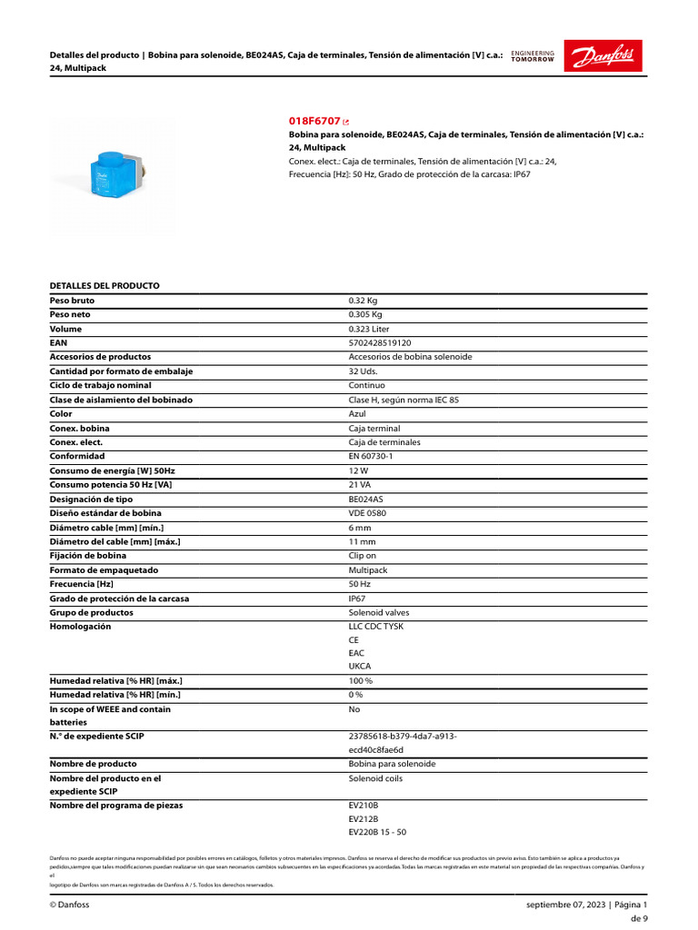 Danfoss Solenoid Coil BE024AS Terminal Box Supply Voltage (V) AC 24 ...
