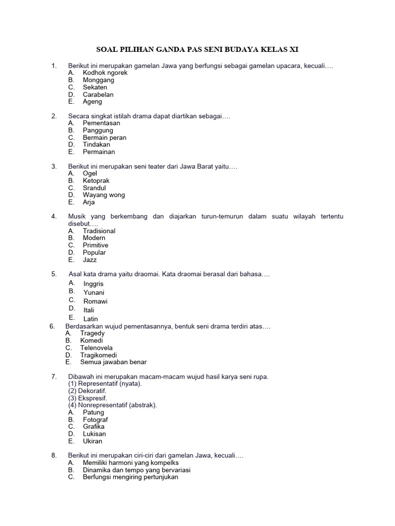 Soal Pilihan Ganda Pas Seni Budaya Kelas Xi | PDF