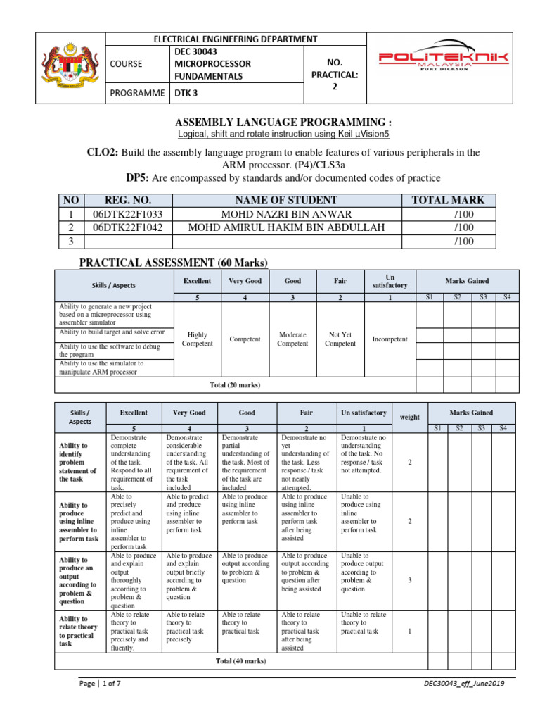 Pw2 - Dec30043 Nazri and Amirul | PDF | Assembly Language | Microprocessor