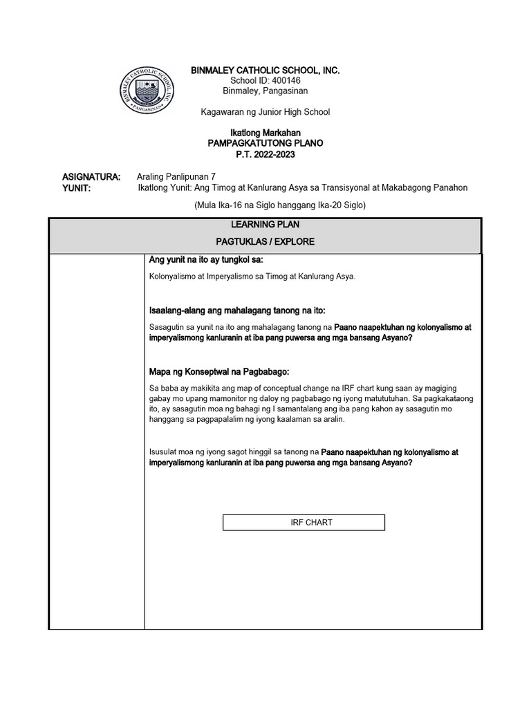Peac Learning Plan Ap7 q3 | PDF
