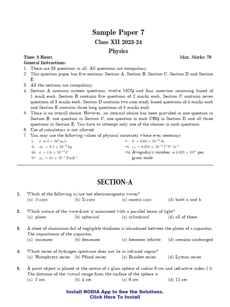 Sample Paper 7: Class XII 2023-24 Physics | PDF | Inductor | Physics
