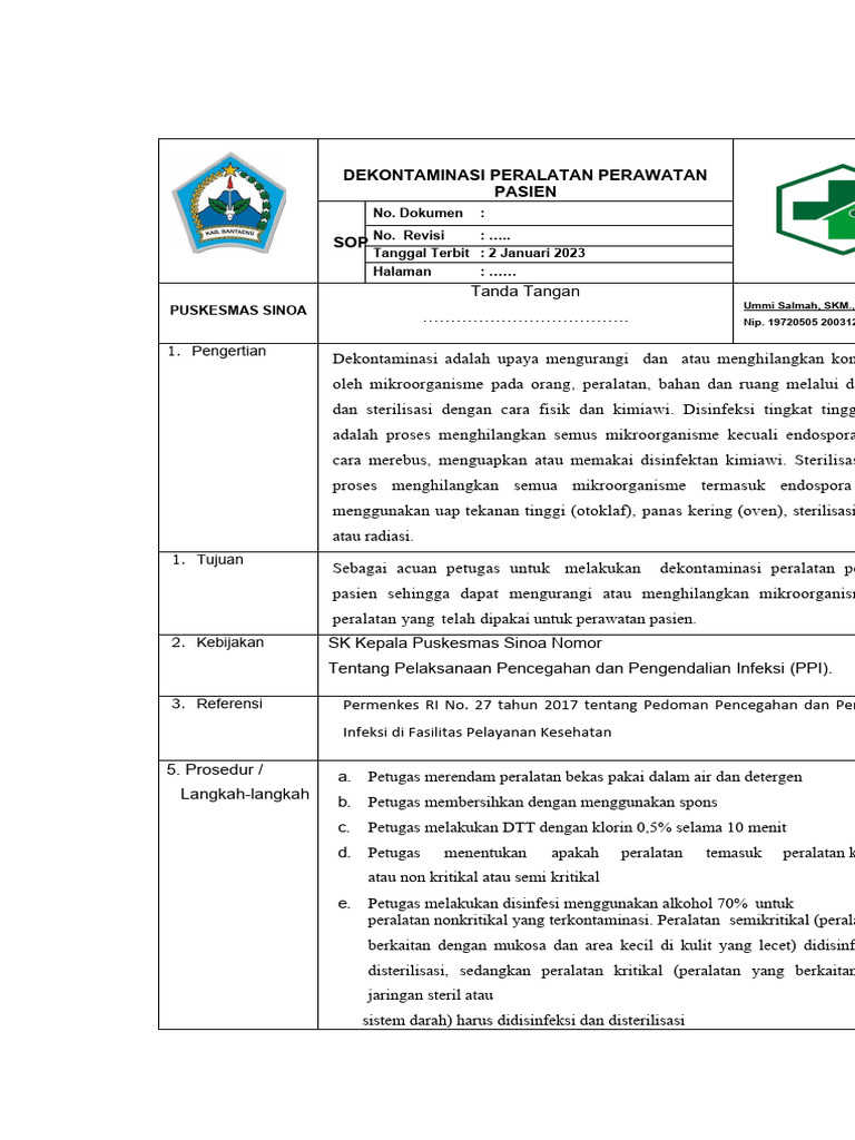 Sop Dekontaminasi Peralatan Perawatan Pasien | PDF