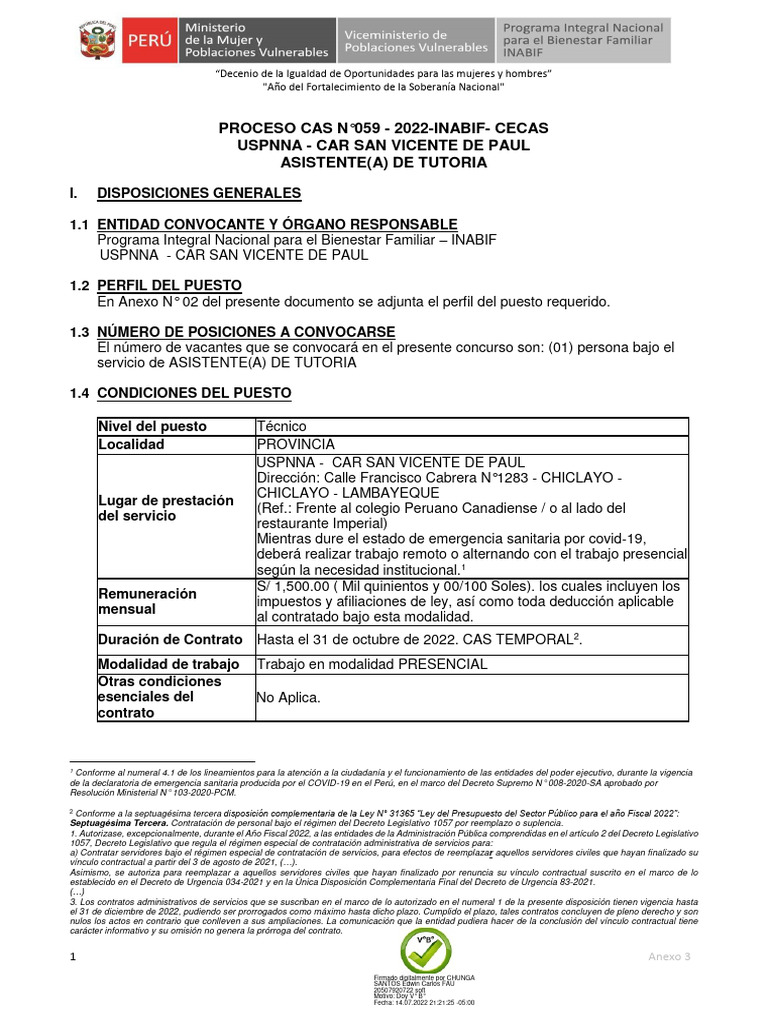 Proceso Cas N°059 - 2022-Inabif-Cecas Uspnna - Car San Vicente de Paul Asistente (A) de Tutoria ...