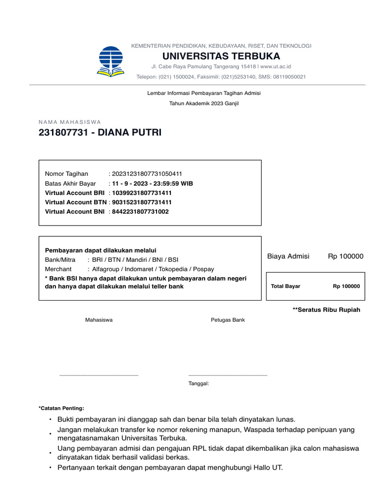 Https:/admisi Sia - Ut.ac - Id/onboarding/tagihan Admisi | PDF
