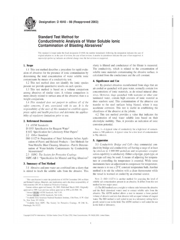 ASTM-D4940-03 Blasting Abrasive Water Soluble Contamination | PDF