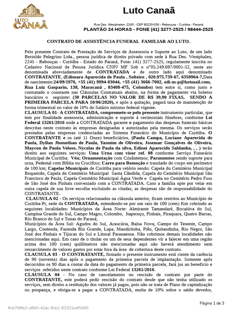 Contrato de Assistência Funeral em Curitiba | PDF | Salário | Justiça