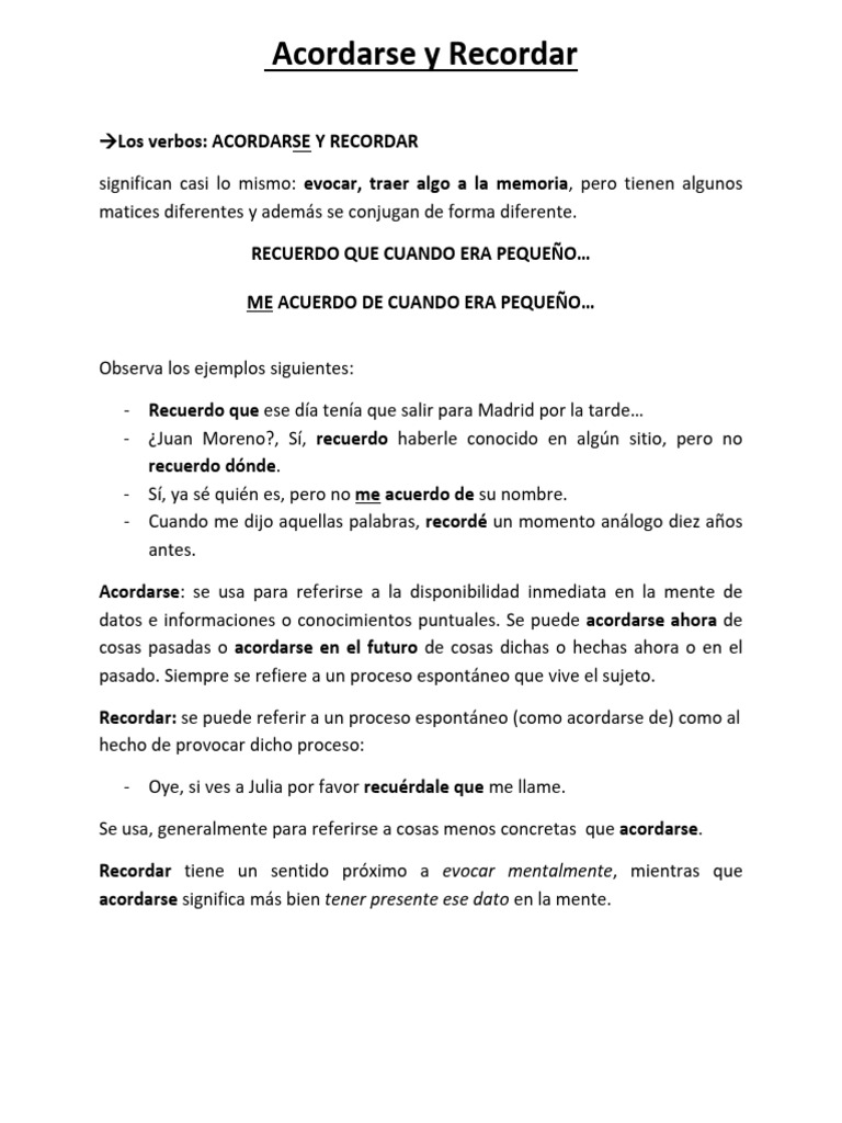 Acordarse y Recordar - Lang Lion C2 | PDF | Verbo | Mente