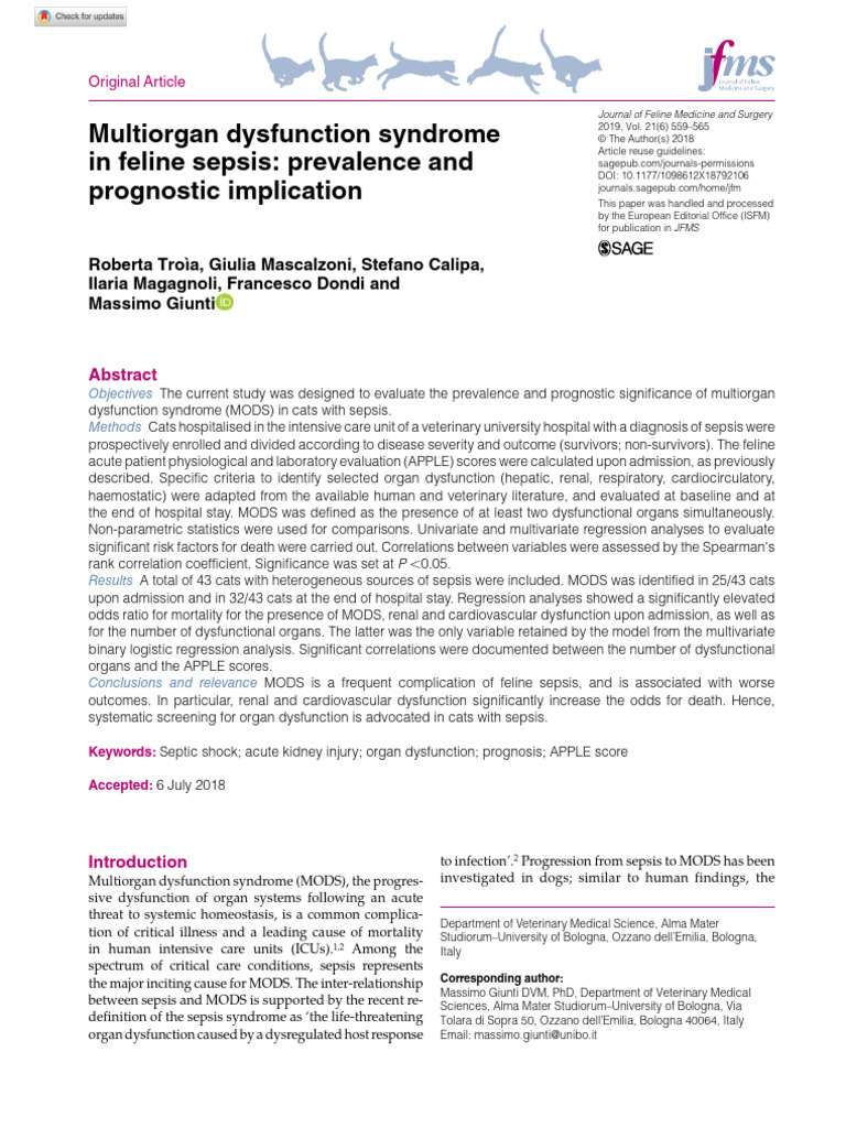 Troia Et Al 2018 Multiorgan Dysfunction Syndrome in Feline Sepsis ...