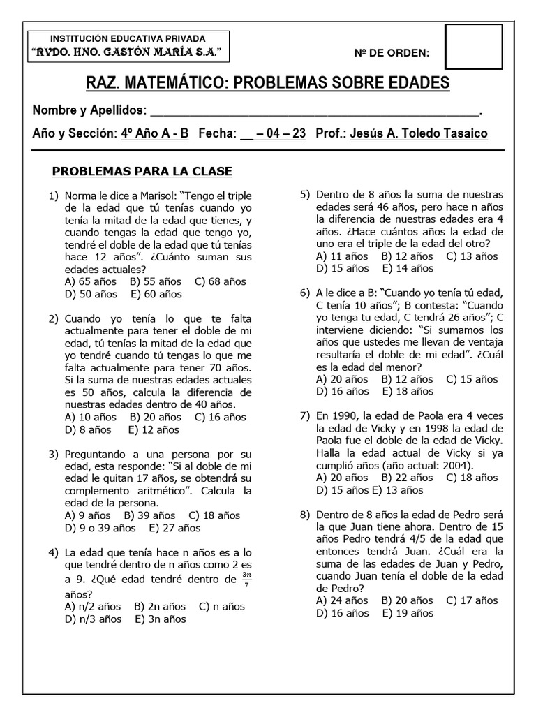 4° Año de Secundaria-Rm-Edades-Problemas-Gm2023 | PDF