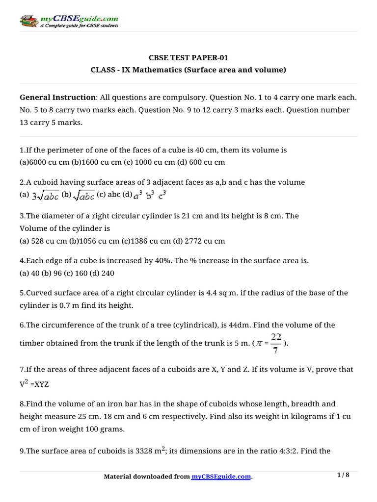 Class IX Math Test: Surface Area & Volume | PDF | Area | Volume