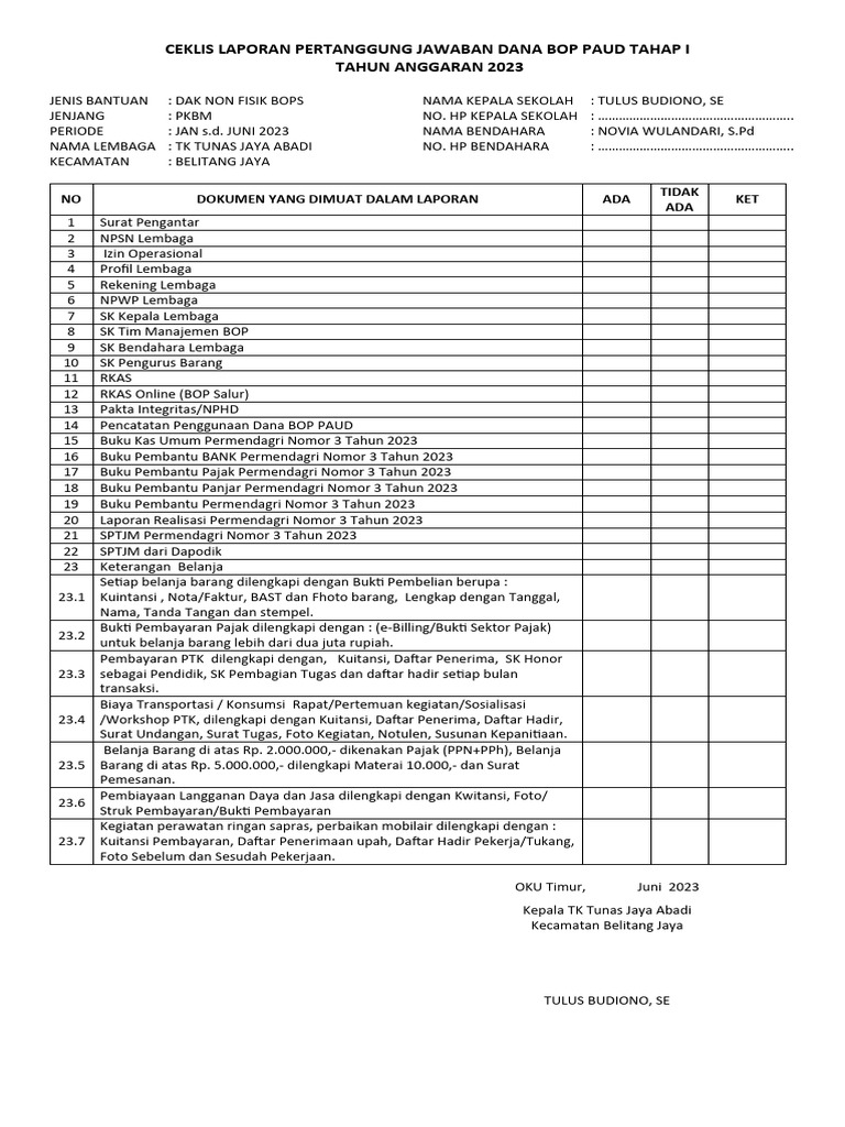 Ceklis Laporan Bop Paud-1 | PDF