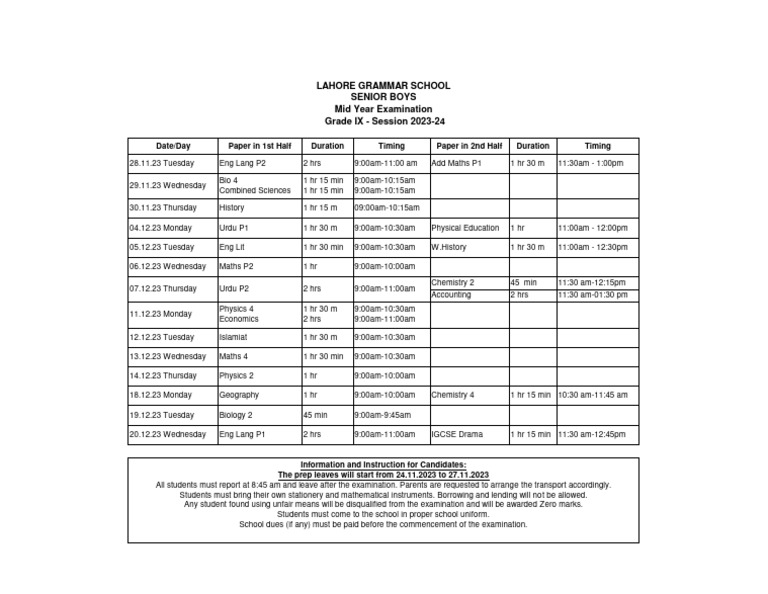 Grade IX Mid Year Exam Schedule 2023 | PDF | Educational Stages | Science