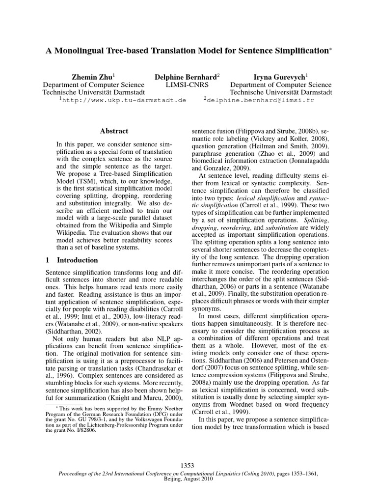 Zhu Bernhard Gurevych A Monolingual Tree Based Translation Model For Sentence Simplification 