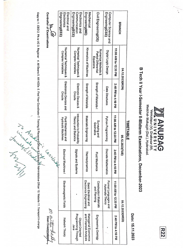 II-I II-Midterm Exmns Time Table | PDF