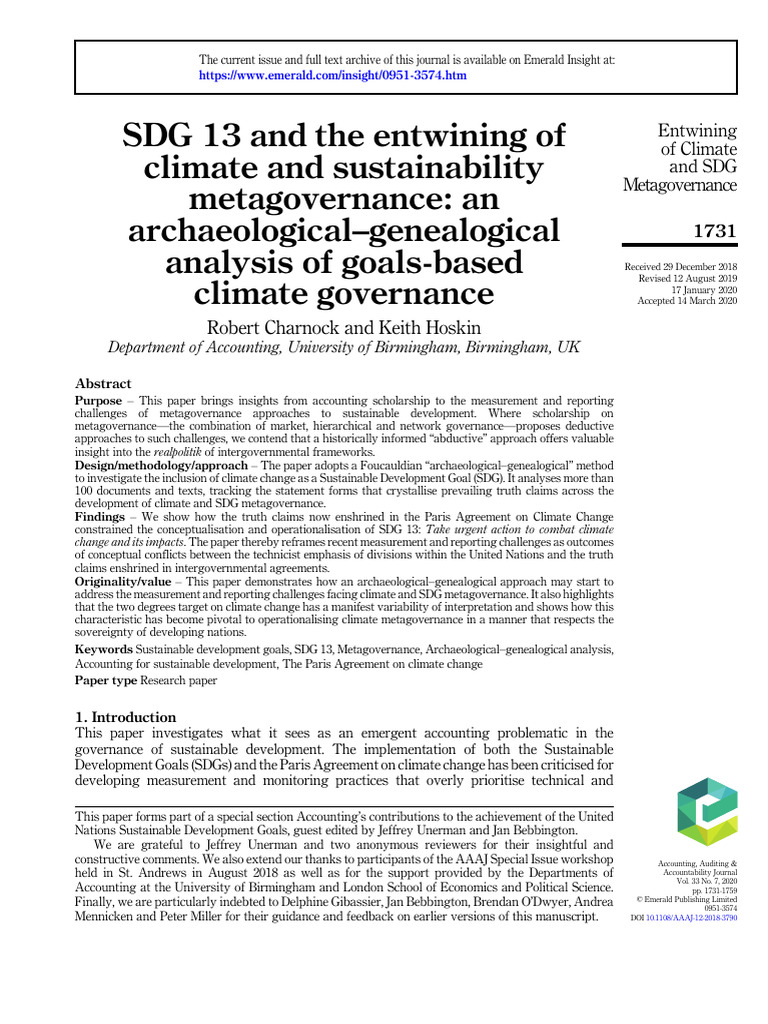 Charnock & Hoskin (2020) SDG 13 and The Entwining of Climate and Sustainability Metagovernance ...