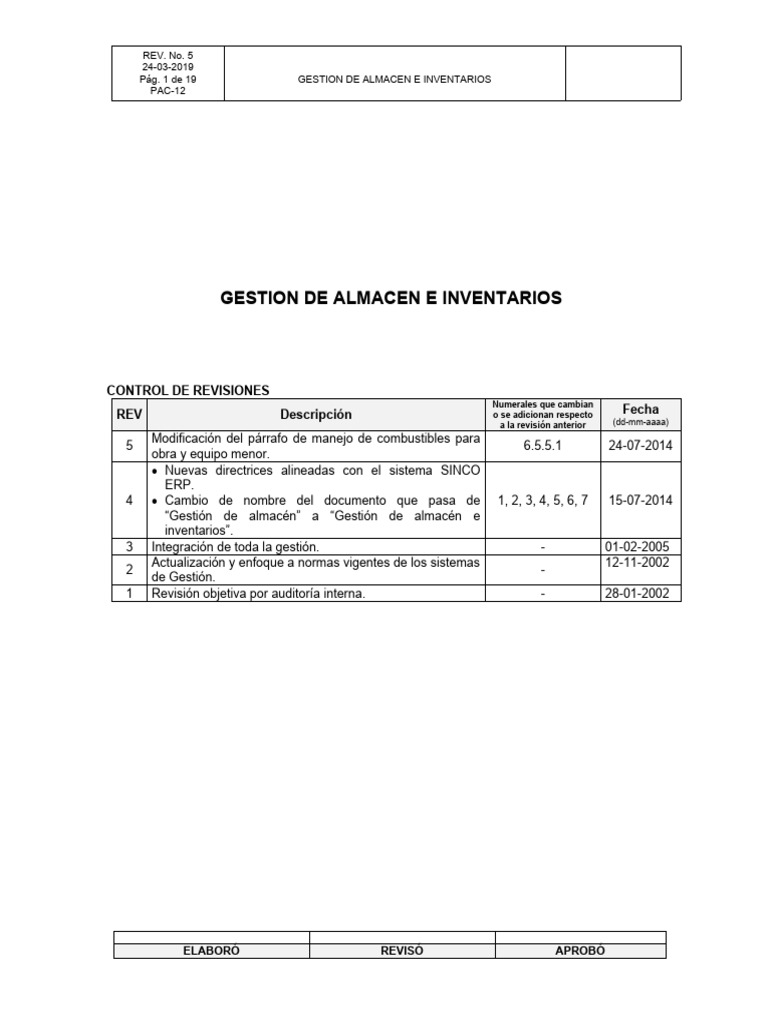 Procedimiento de Gestion de Almacen e Inventarios | Descargar gratis PDF | Calidad (comercial ...