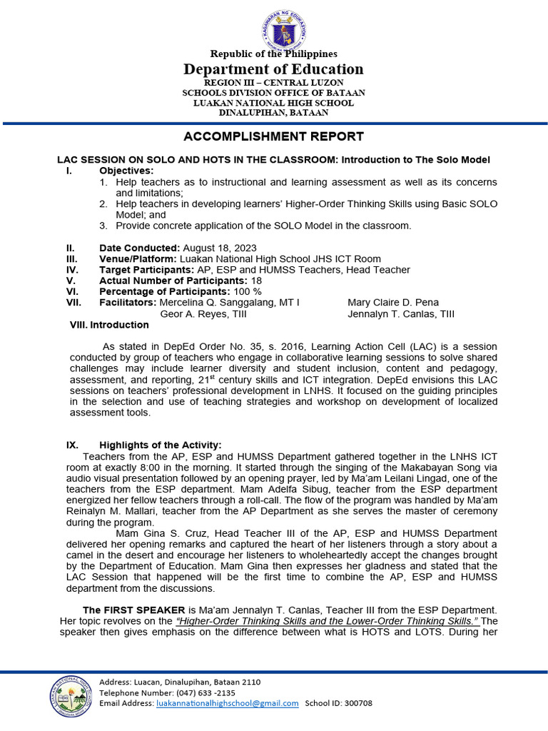 LAC Session Accomplishment Report 2023 | PDF | Educational Technology ...
