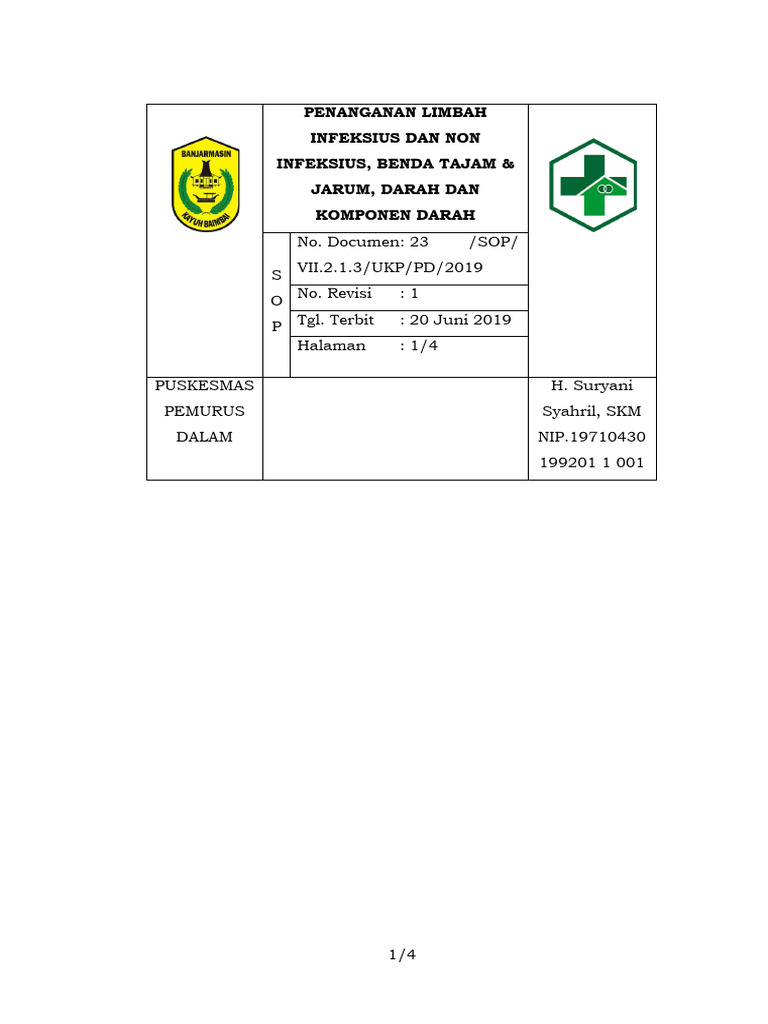 SOP Penanganan Limbah Infeksius Dan Non Infeksius, Benda Tajam Dan Jarum, Darah Dan Komponen ...