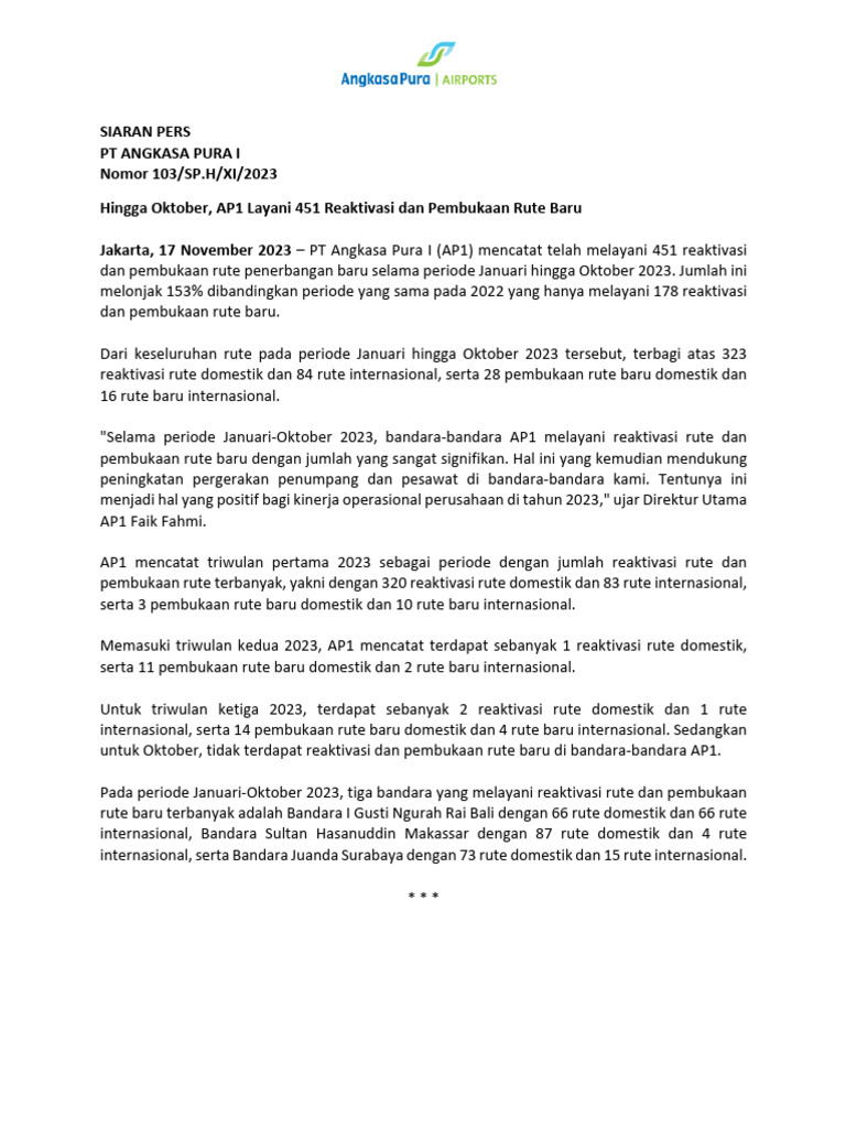 103 - SIARAN PERS AP1 - Reaktivasi Dan Pembukaan Rute Baru AP1 Jan-Okt 2023 | PDF