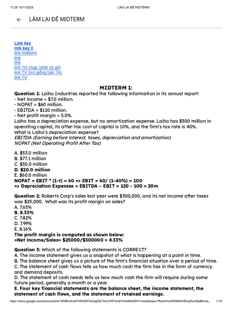 LÀM LẠI ĐỀ MIDTERM | PDF | Book Value | Free Cash Flow