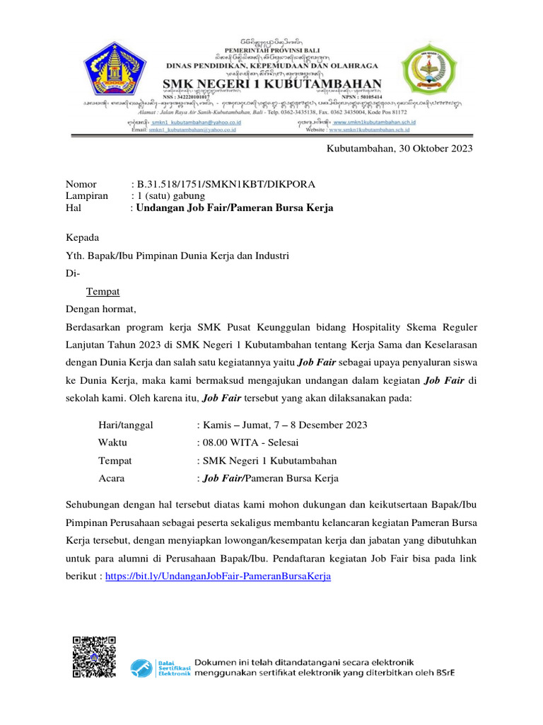 Undangan Job Fair SMK Negeri 1 Kubutambahan | PDF